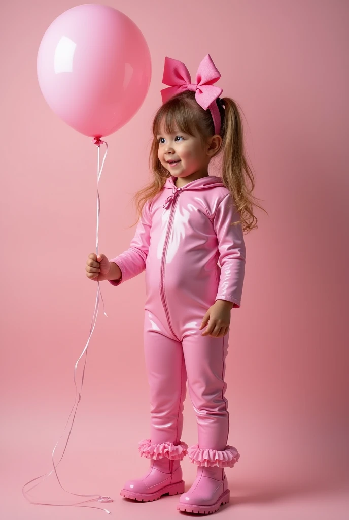 Full body, having a balloon, Kids girl in a pink latex catsuit - SeaArt AI