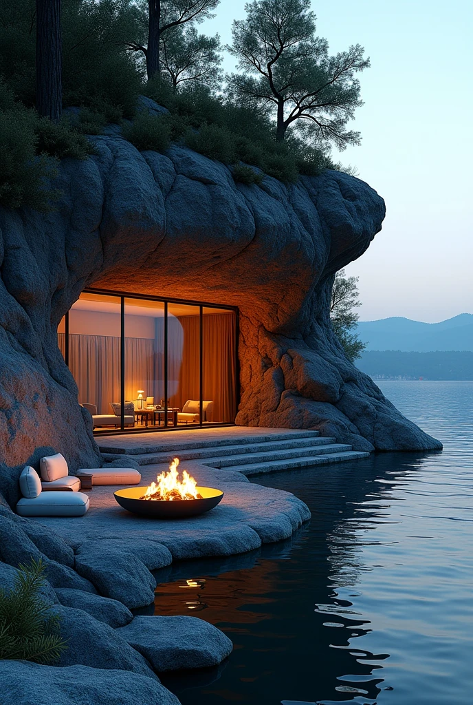 Realistic high definition photo of a lakeshore at dusk with a shoreline ...