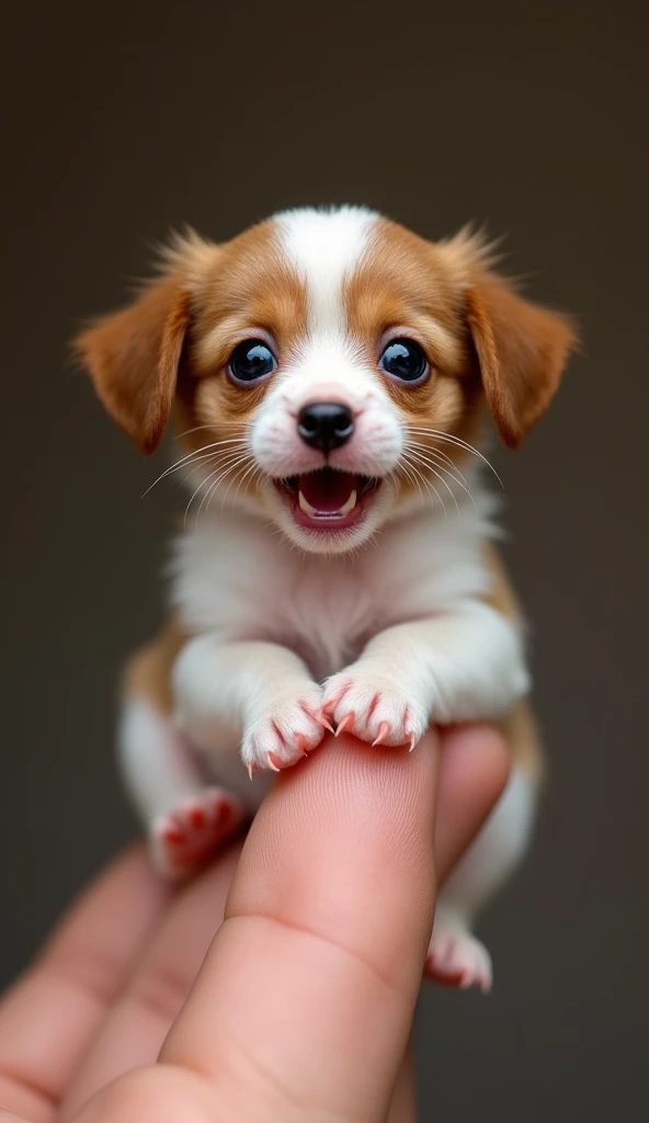 Create a hyper-realistic image of a small baby dog sitting on a human ...