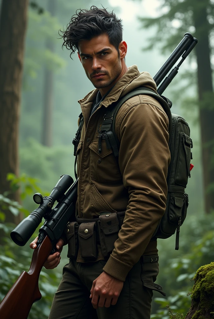 Handsome hunter with short curly black hair - SeaArt AI