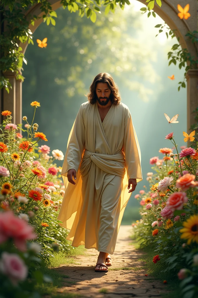 Jesus Christ walking through a flower garden - SeaArt AI