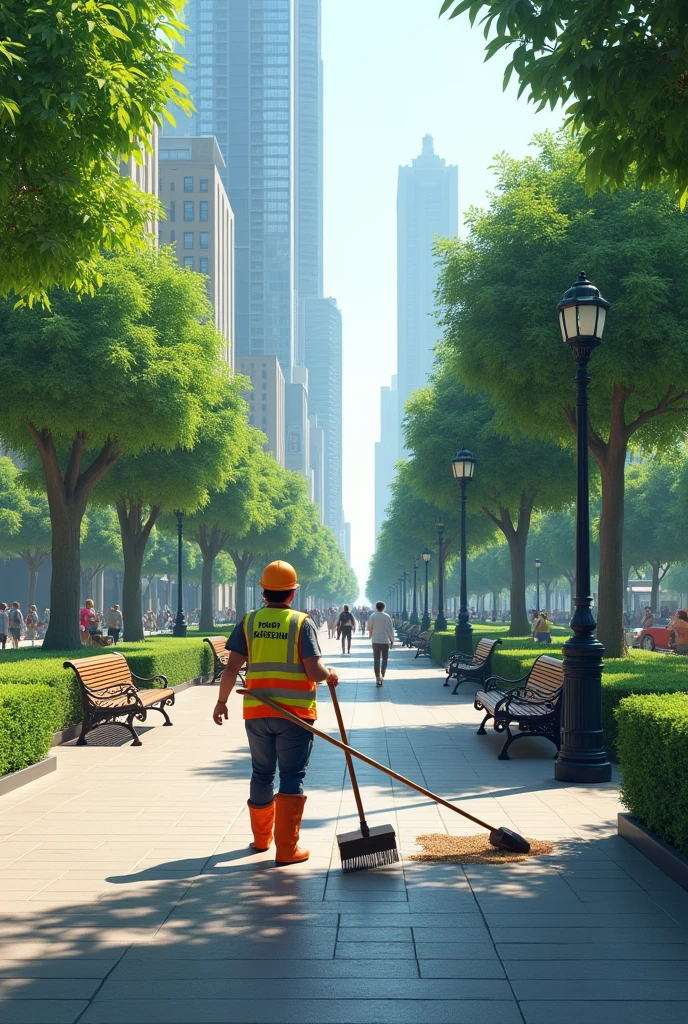 Urban street cleaner cleaning green square - SeaArt AI