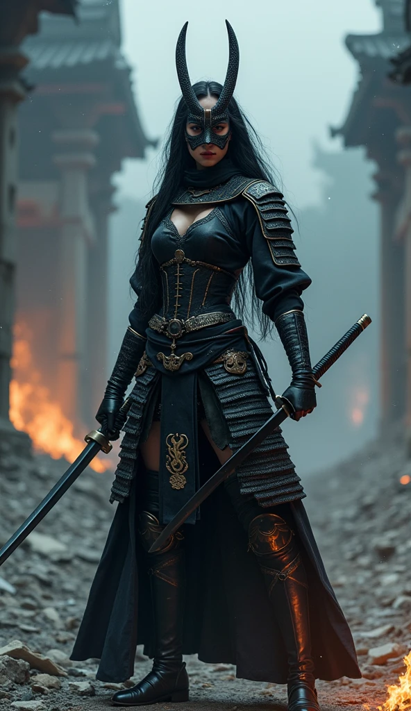 Long-haired japanese young female fighter 、japanese noh mask - SeaArt AI