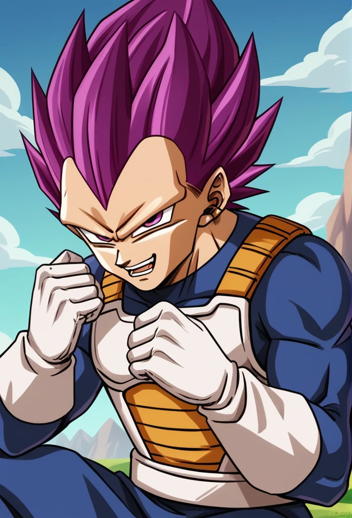 Vegeta Ultra Ego, purple hair, purple eyes, black pupil, wearing his ...
