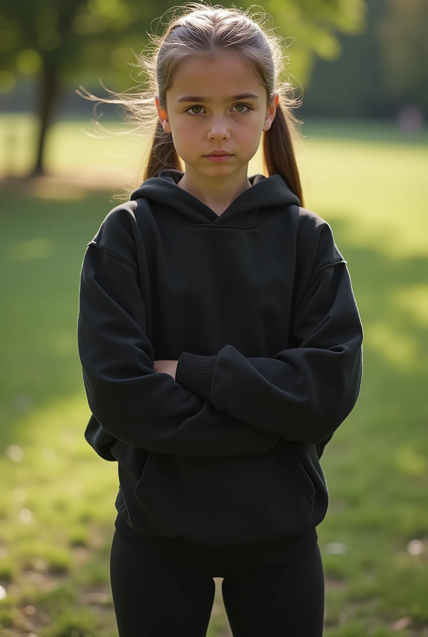 Arafed girl in black hoodie standing in a park - SeaArt AI