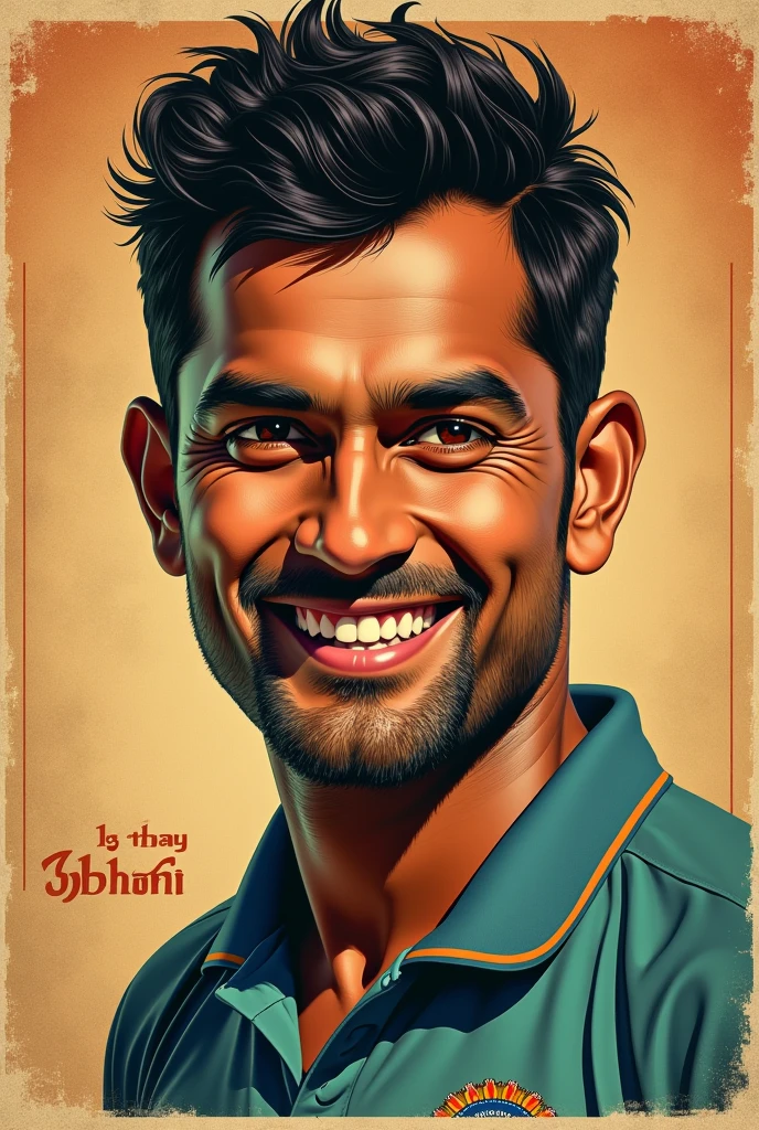 Lose up of a poster of dhoni with a smile, glossy old advertising ...
