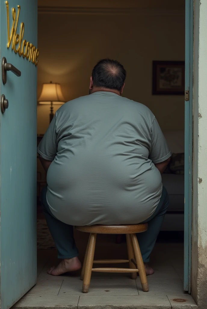 A 90 kg fat man sitting on stool inside the room facing backside and on ...