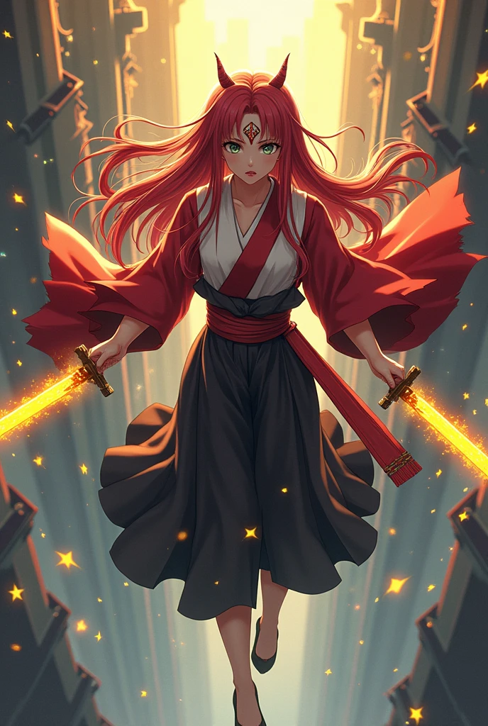 A female anime character, she has long and silky red hair, she is ...