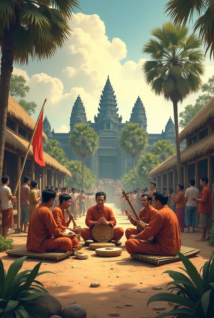 Here is my prompt: An ancient Khmer village with traditional palm ...