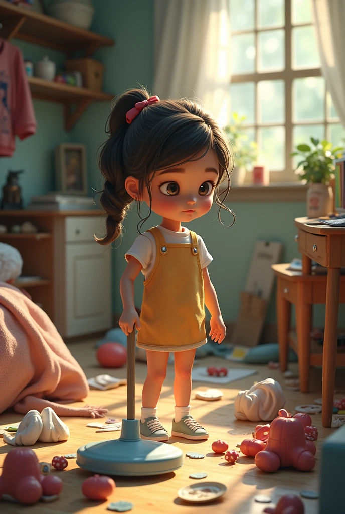 1 girl is cleaning a messy room - SeaArt AI