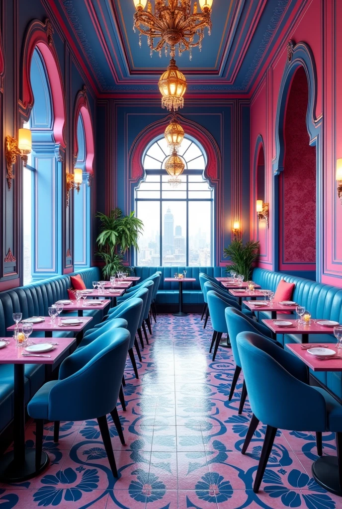 Blue and pink restaurant in bombay - SeaArt AI