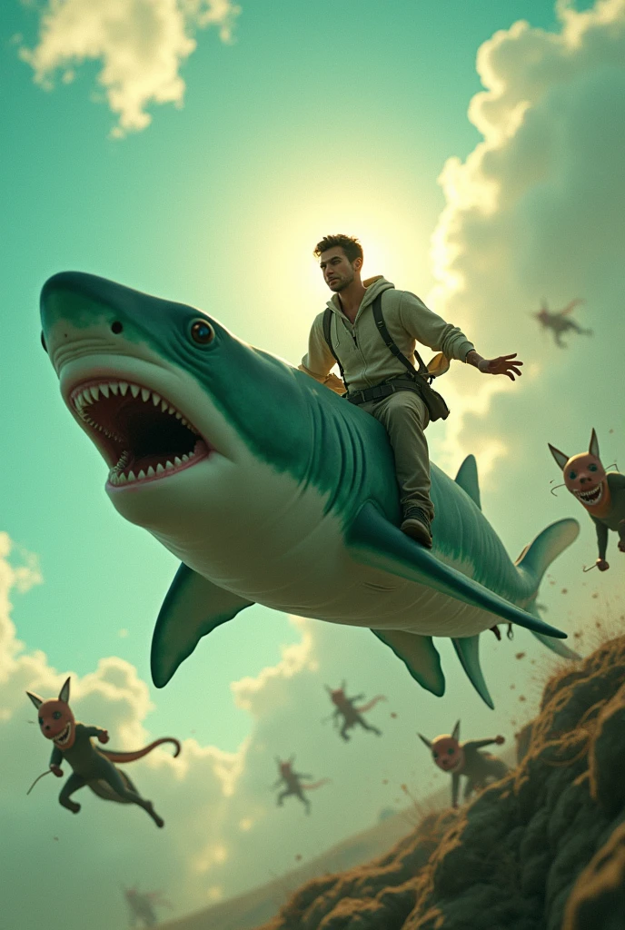 Man riding a flying shark in the sun while being chased by octopus ...