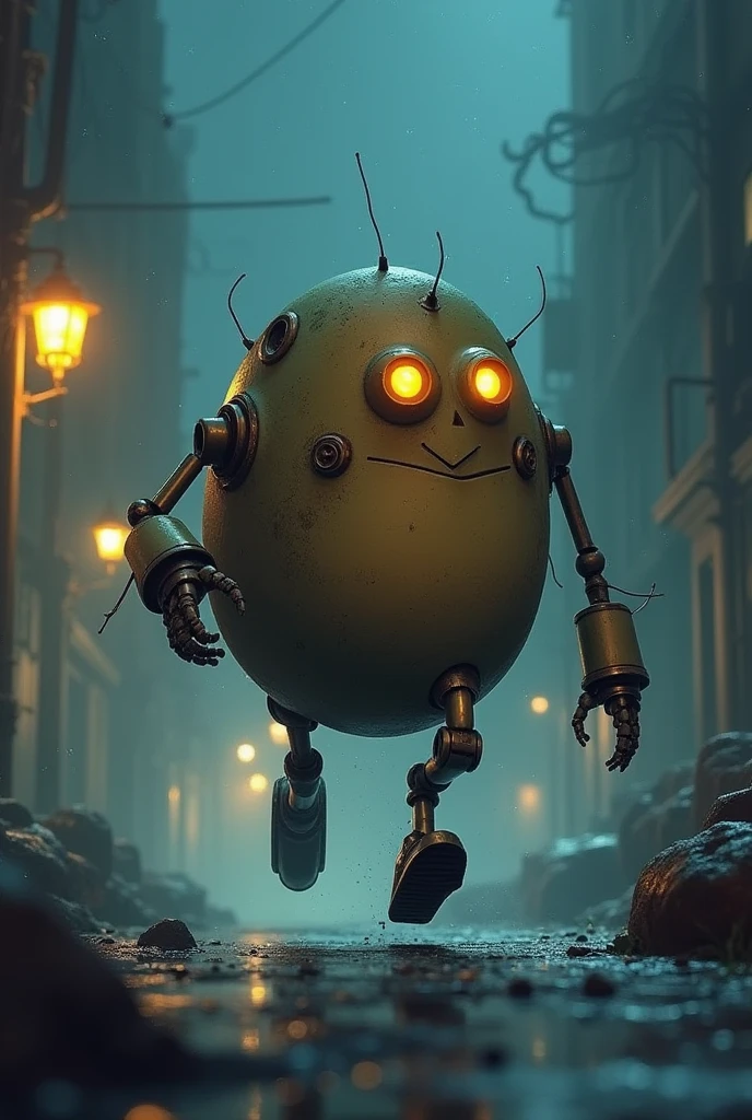 Robot with a big belly running alone at night on - SeaArt AI