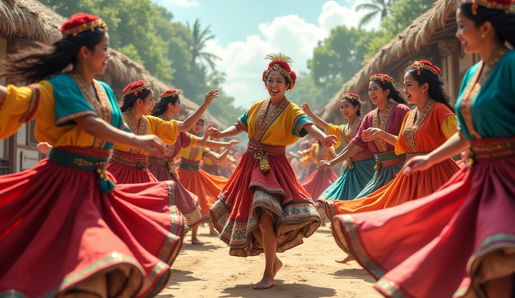 Villagers are dancing in vibrant, traditional attire, their movements ...