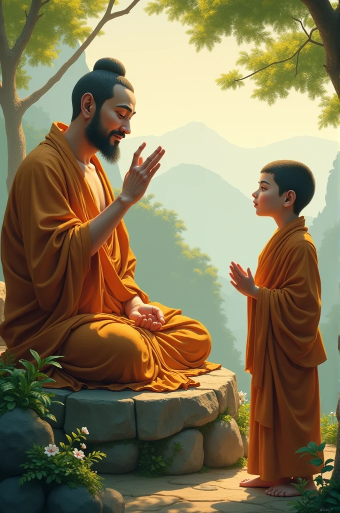 Teaching Moment: Buddha gently raises his hand, explaining to the ...