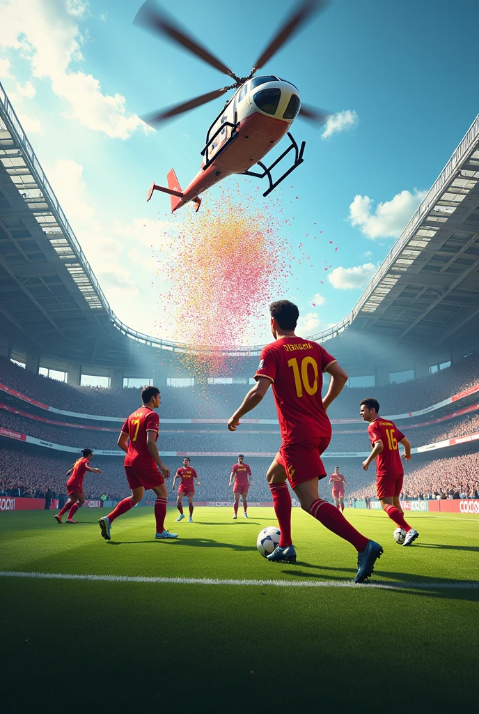 A stadium,players playing football match,flying helicpoter dropping ...
