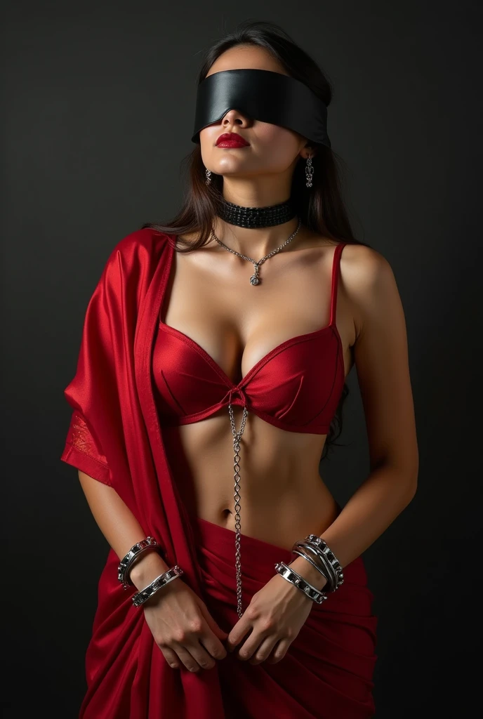 Bondage bdsm in premium red saree handcuffed and black collar chained to a pol e - SeaArt AI