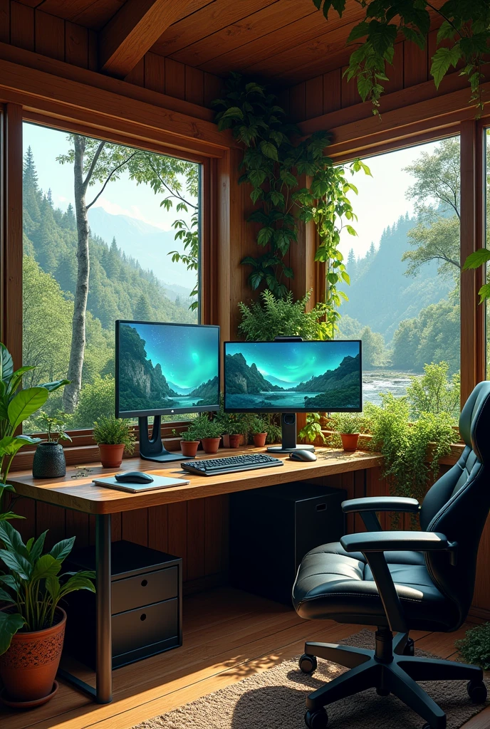 The gaming room is set within a nature-inspired environment - SeaArt AI
