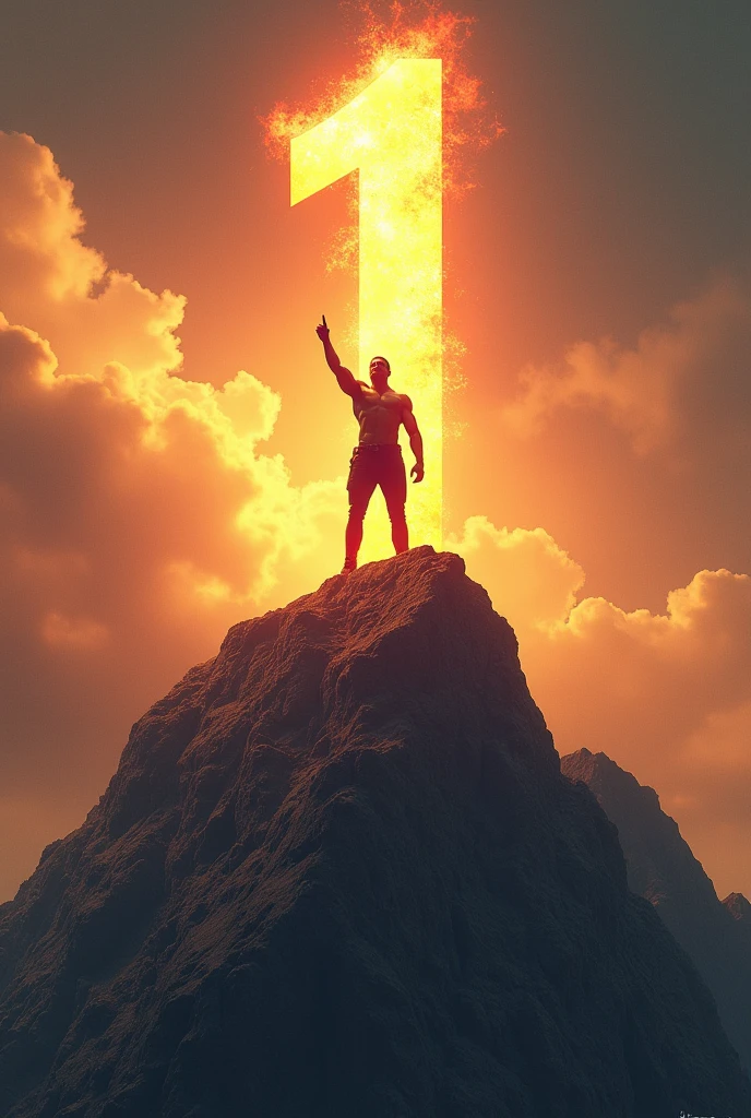 Take the image of a muscular warrior standing on a rocky peak with one ...