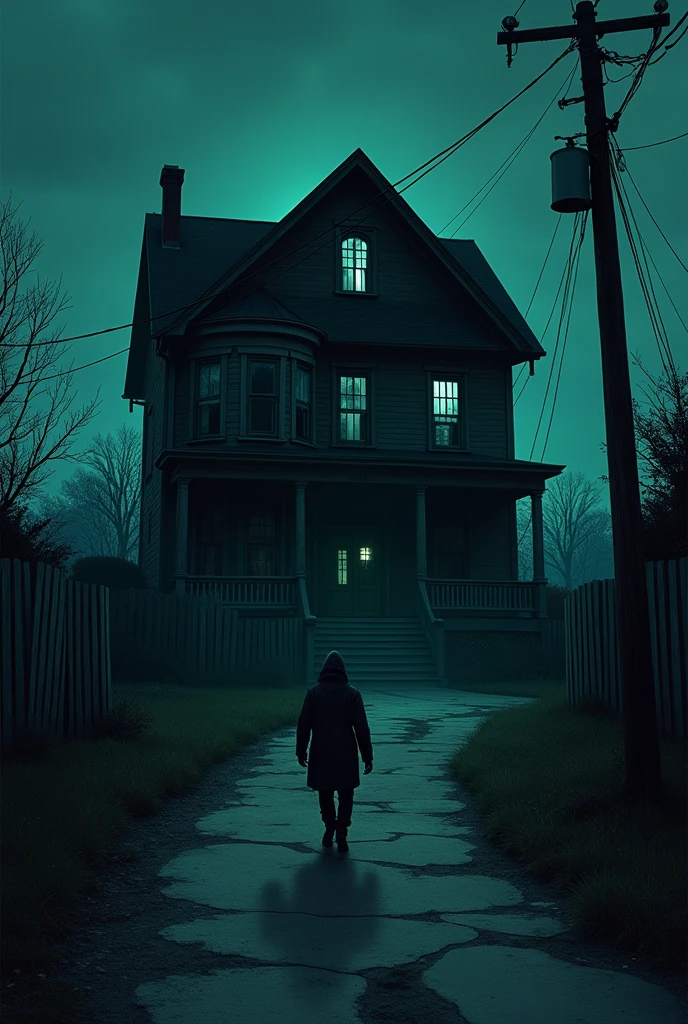 Street end, scary house, night time, light flickering at the attic ...