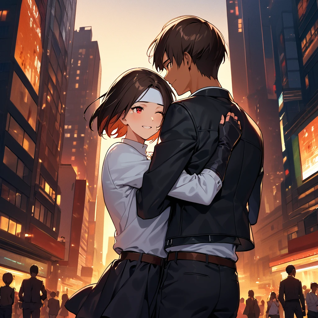 A tender moment captured at dusk on a busy city street. A young woman ...