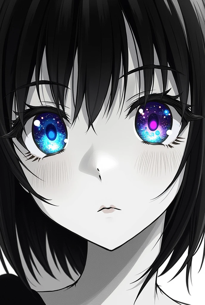 Black and white girl, Eyes are cosmic colors、Very colorful with many ...