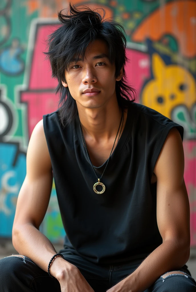 Young man with mullet cut, Black hair, He wears a black rock - SeaArt AI