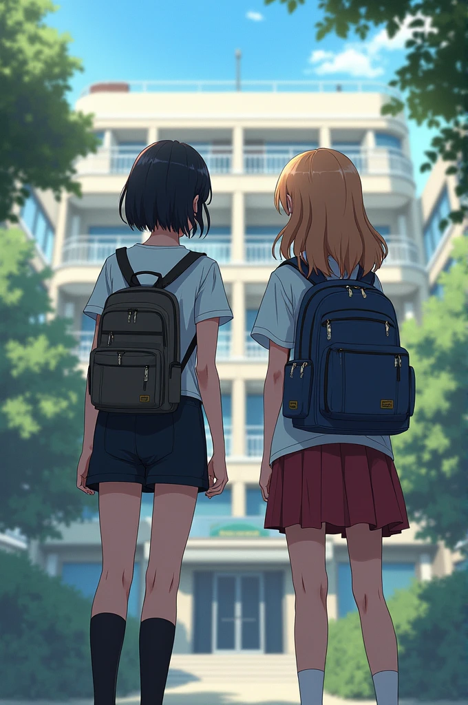 Two girls standing in front of the hostel, watching the hostel - SeaArt AI