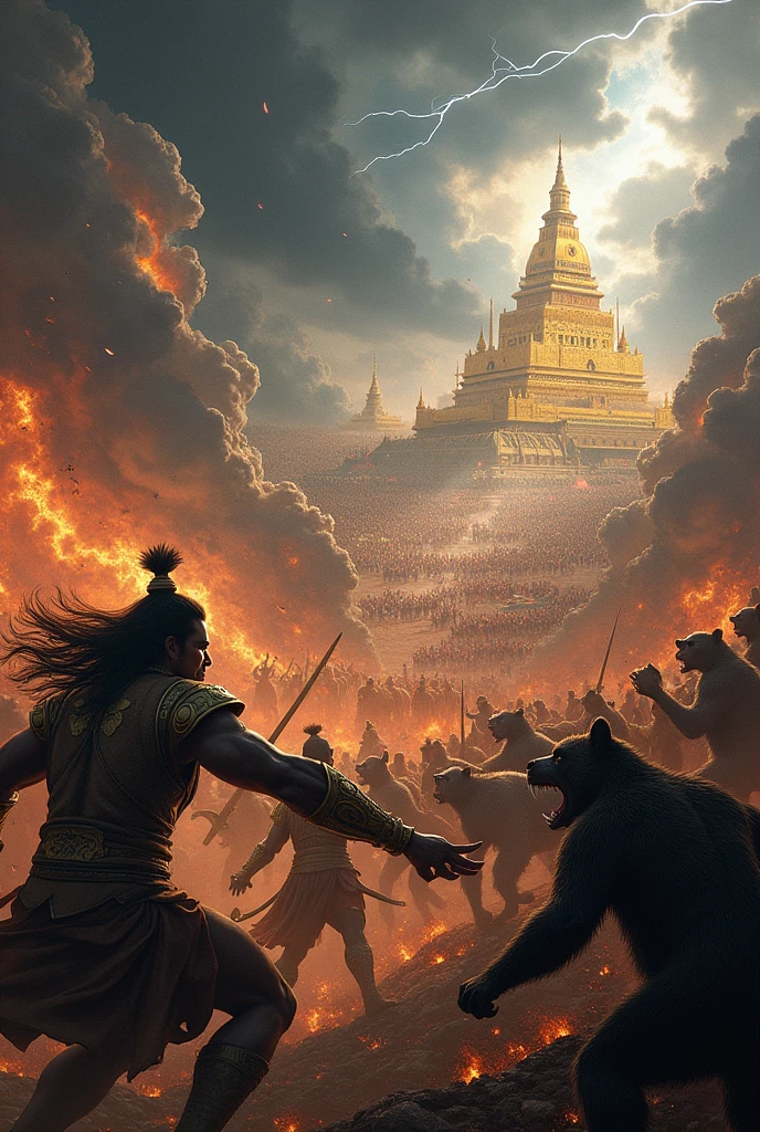 "A chaotic battlefield scene with warriors clashing. On one side ...