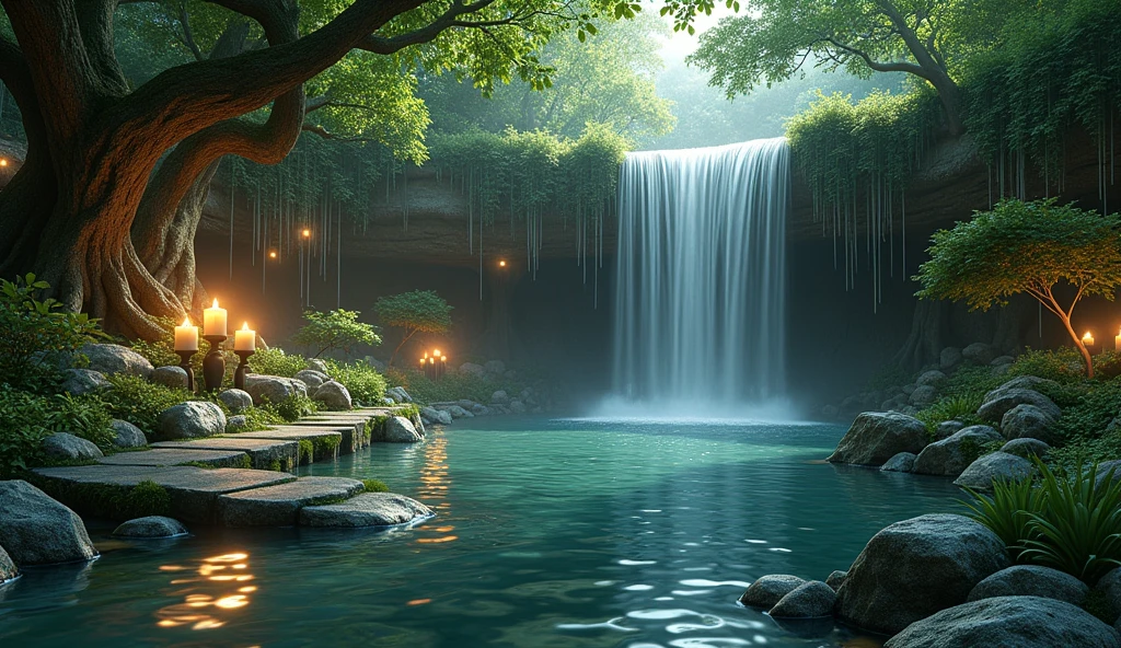 Design a small waterfall scene in a secluded garden, with the water ...