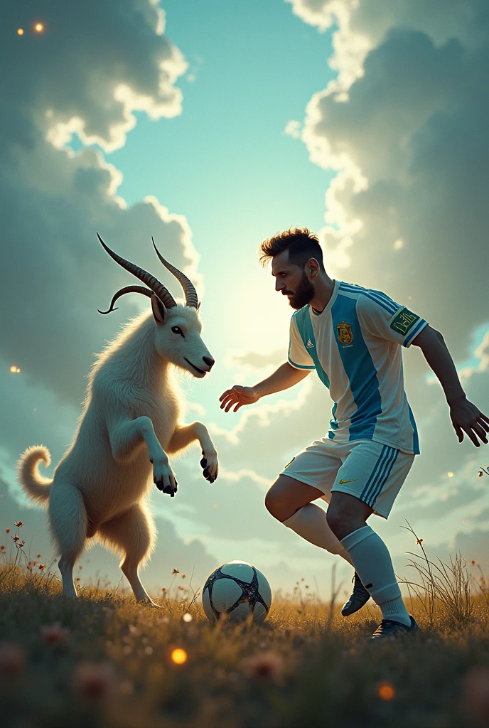 Lionel Messi playing football with goat in - SeaArt AI