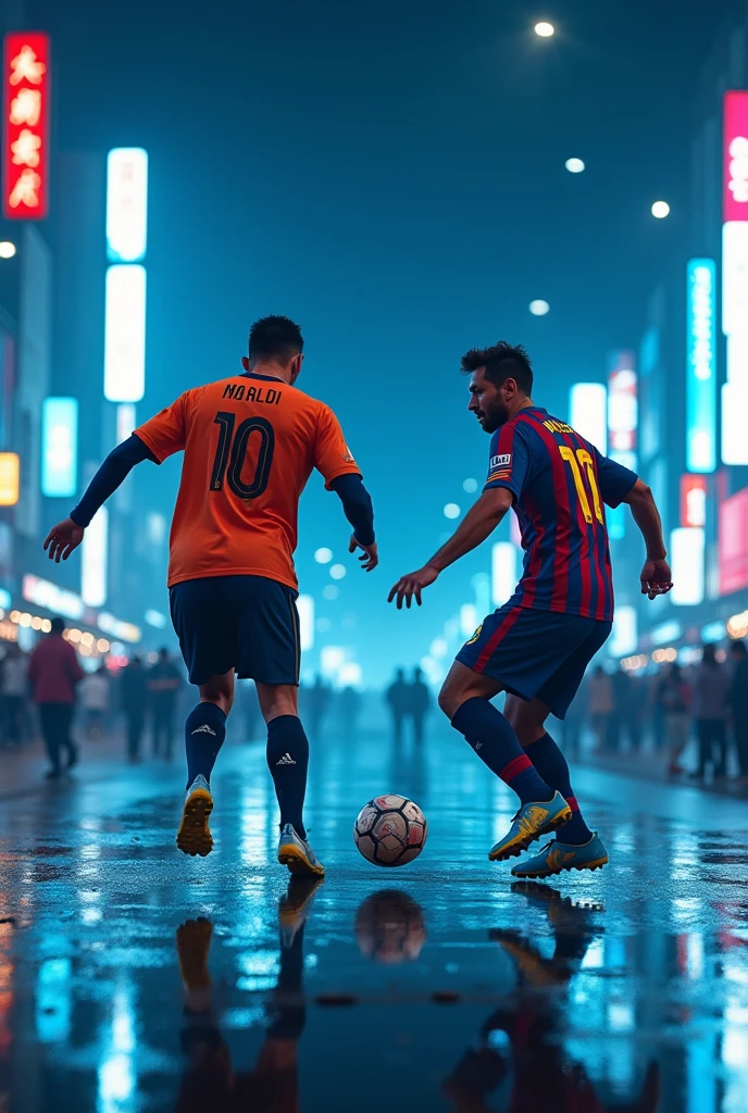 Cristiano Ronaldo and leo Messi playing football in shibuya at night ...