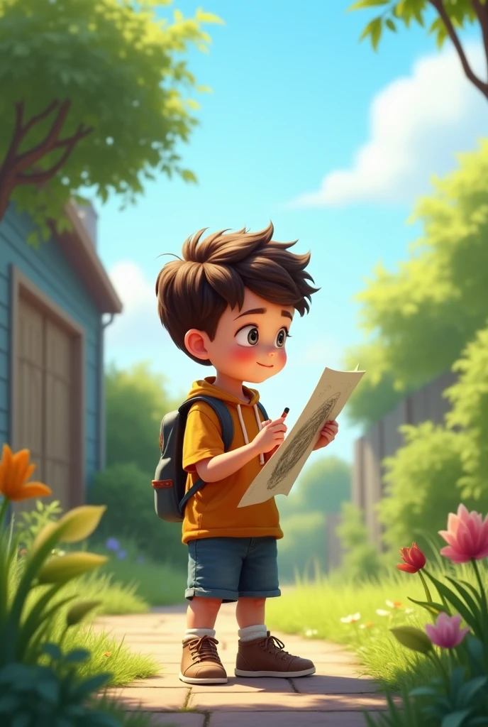 A kid boy standing in the outside drawing - SeaArt AI