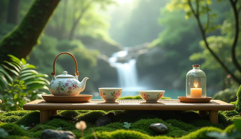 Illustrate a dreamy 4K tea ceremony scene in a forest with a view of a ...