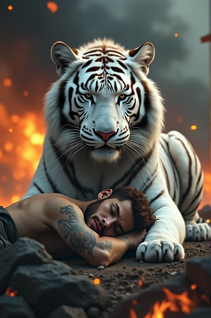 White tiger, burning fire and plumes of black smoke and explosions in ...