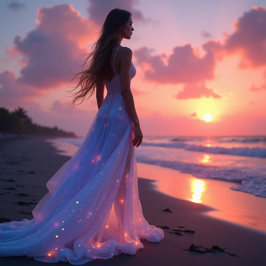 A girl of 25 yo standing on the beach side, ((back view of the girl ...