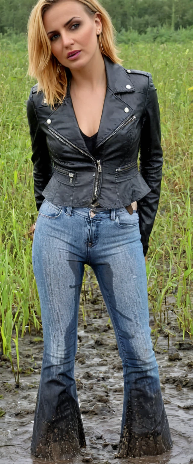 Vulnerable shy ordinary woman, high waist mud covered spots flared ...
