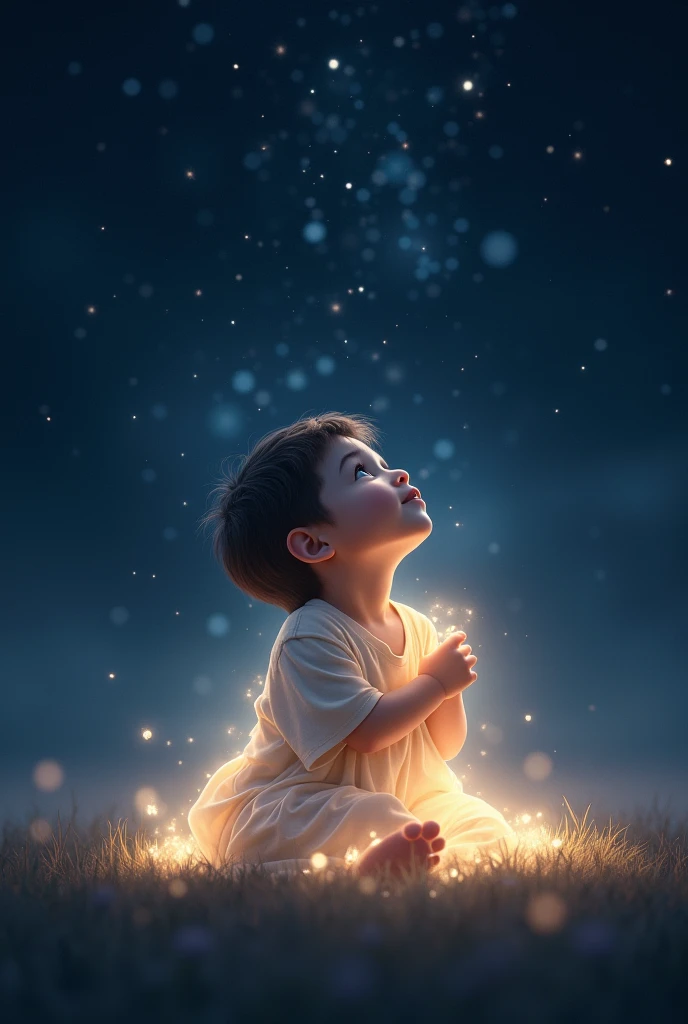 Child boy admiring the stars at night, cuddled by a faceless being of ...