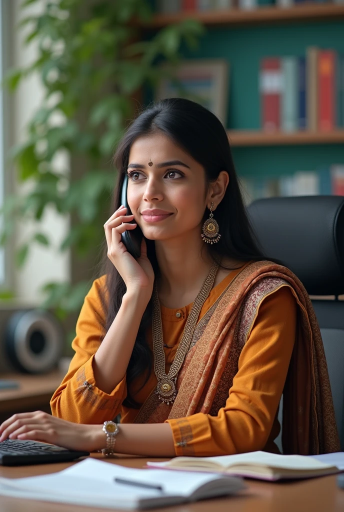A lady Telecaller in educational institution talking in phone sitting ...