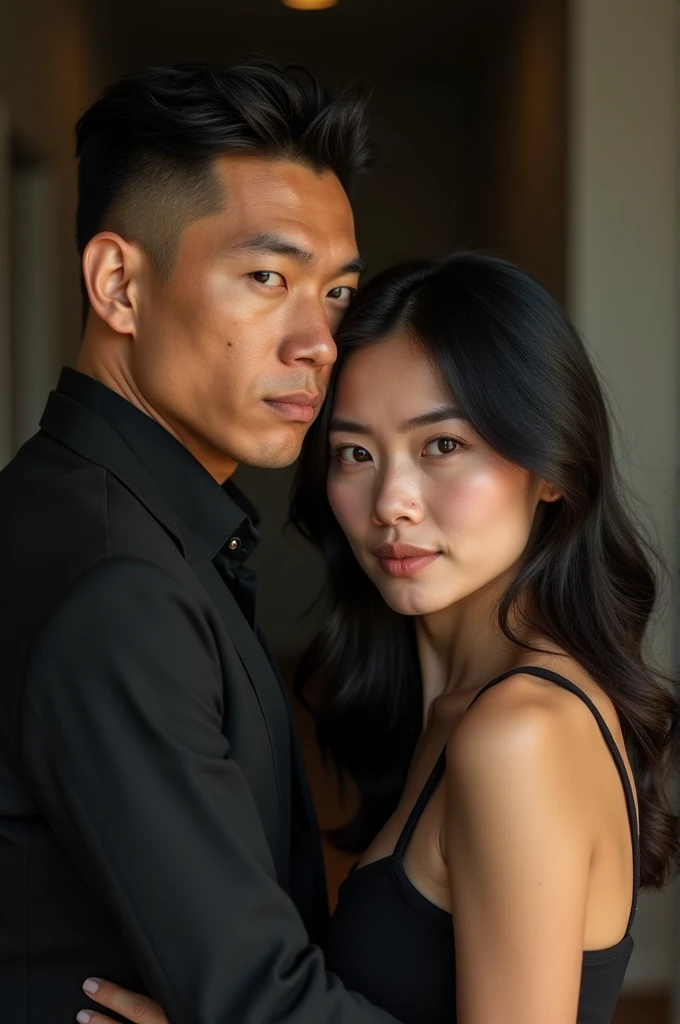 Asian gangster husband besides his cute innocent wife from their back - SeaArt AI