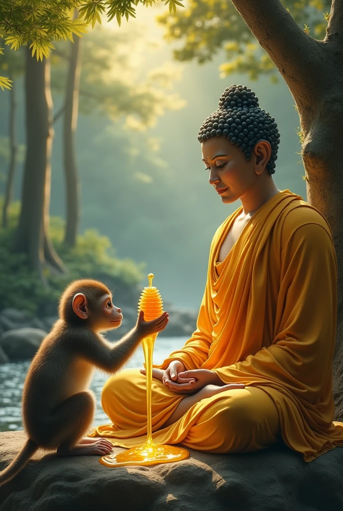 Monkey offering honey to Buddha - SeaArt AI