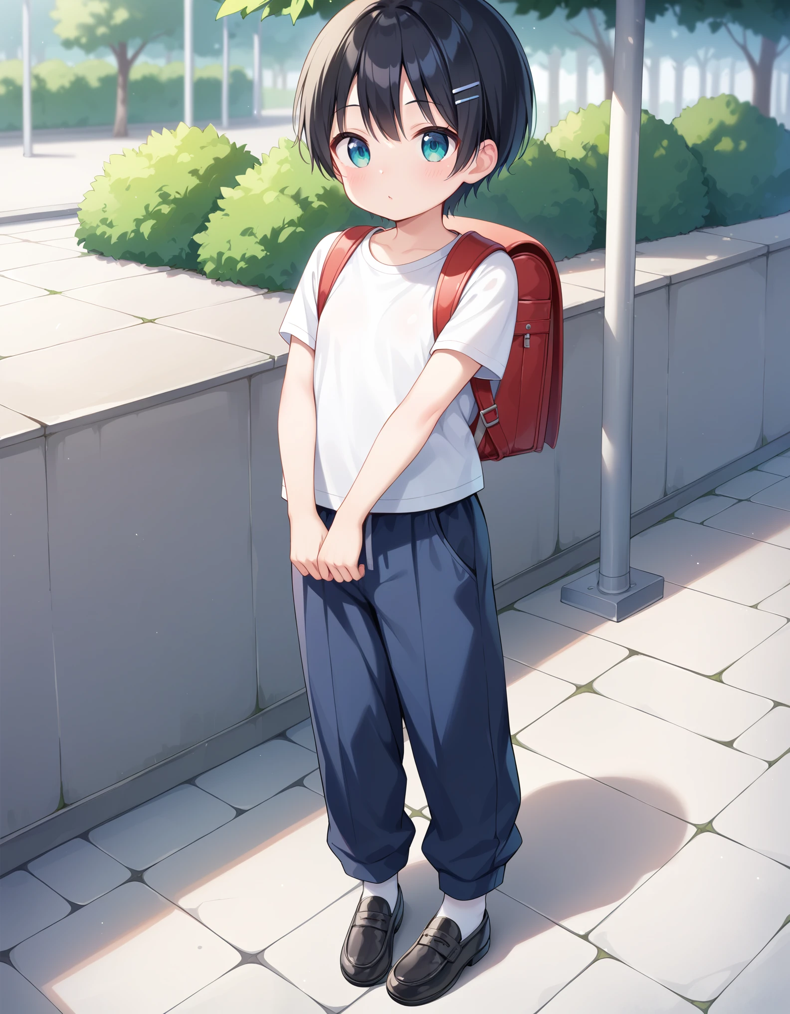 Anime boy with backpack standing on sidewalk in front of building ...