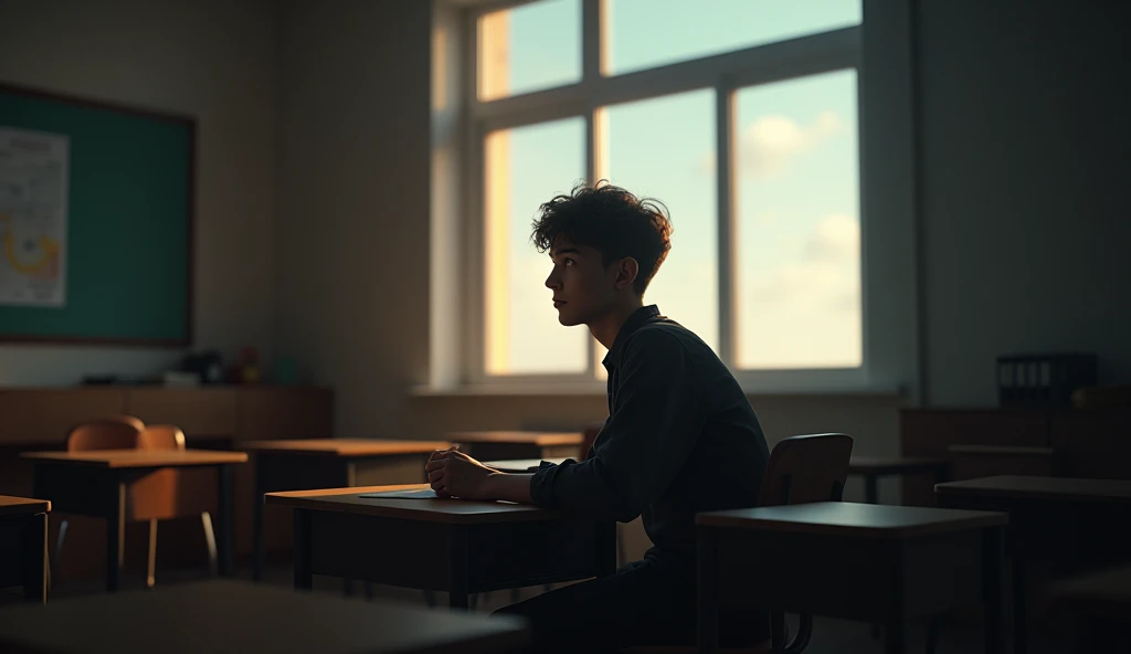 A medium shot of James sitting at his desk, staring blankly out the ...