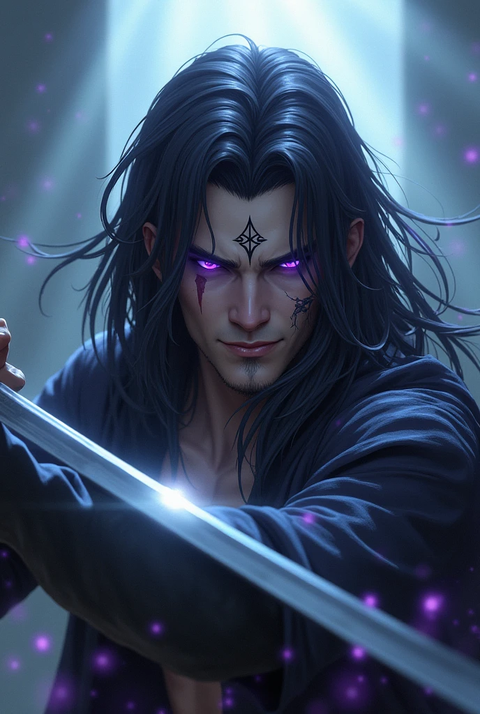 The guy is . ,Long hair, Violet eyes, black hair, Smirk - SeaArt AI