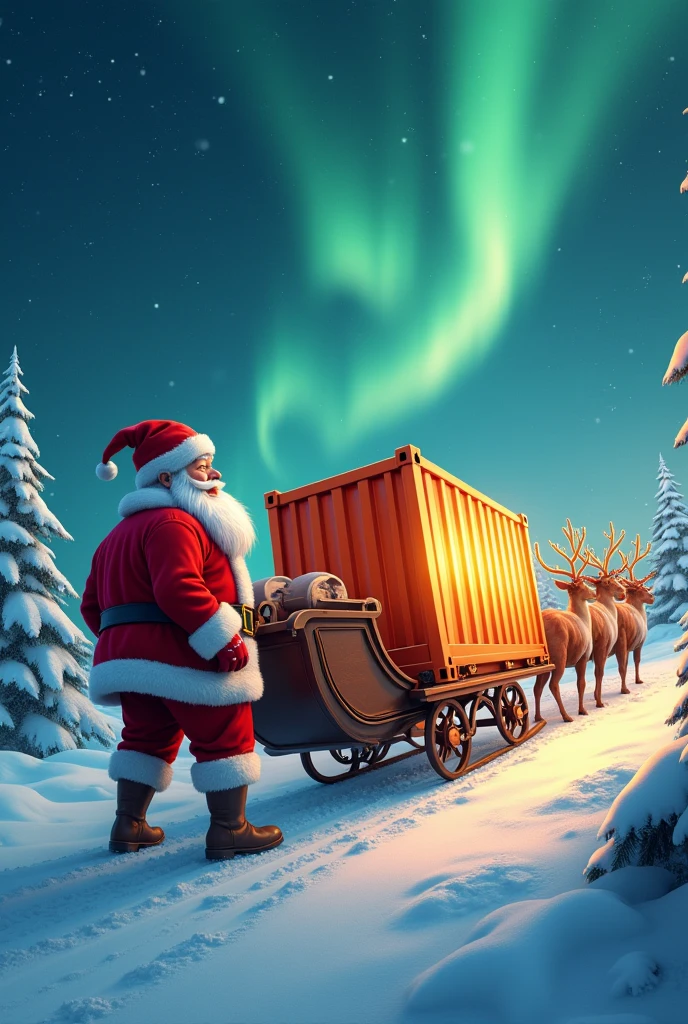 Santa Claus carrying an orange import container on his sleigh - SeaArt AI