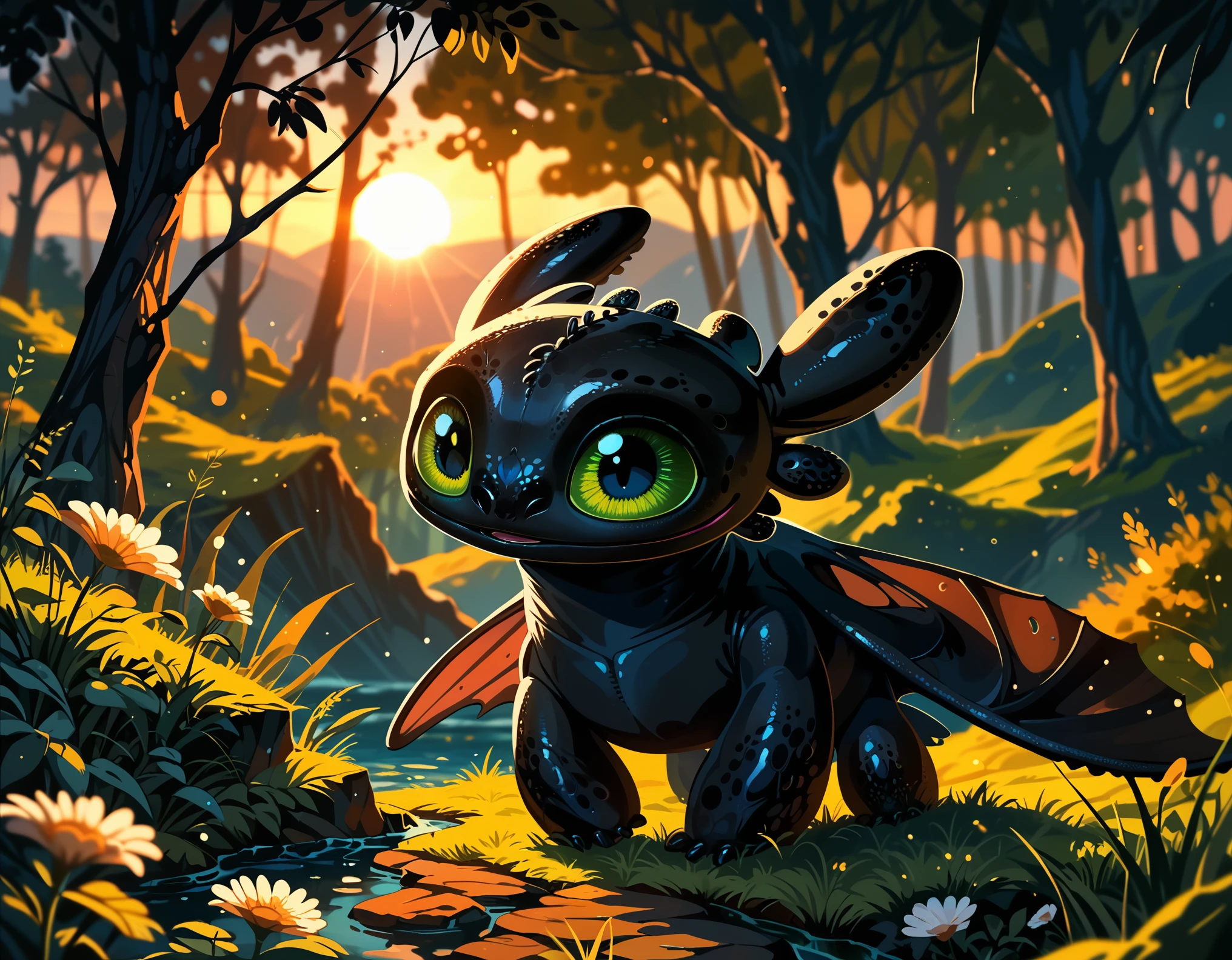 Toothless dragon in the forest with sun shining through the trees ...