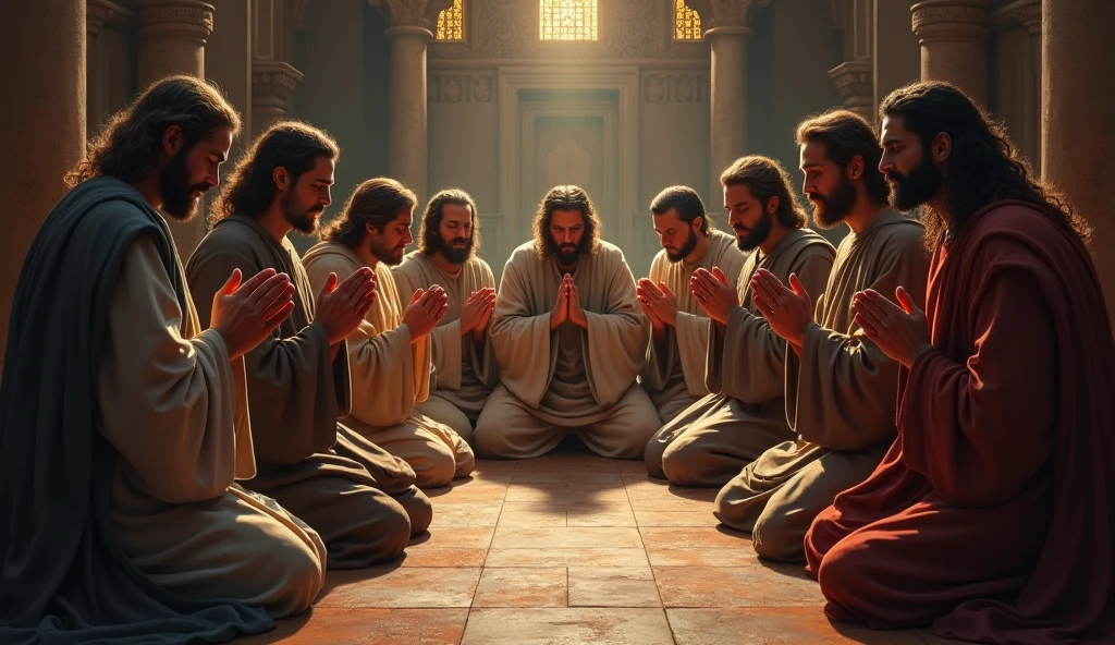 12 disciples kneeling and praying - SeaArt AI