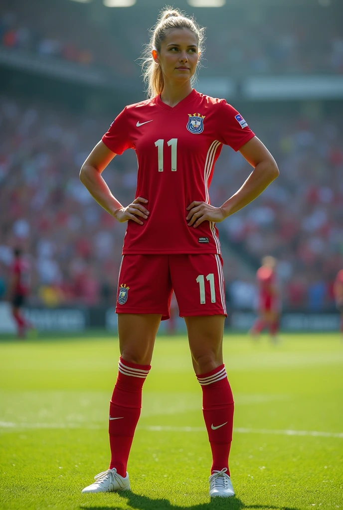 One fit girl stand in ground.sje wearing jersey no 11. People apriciet ...