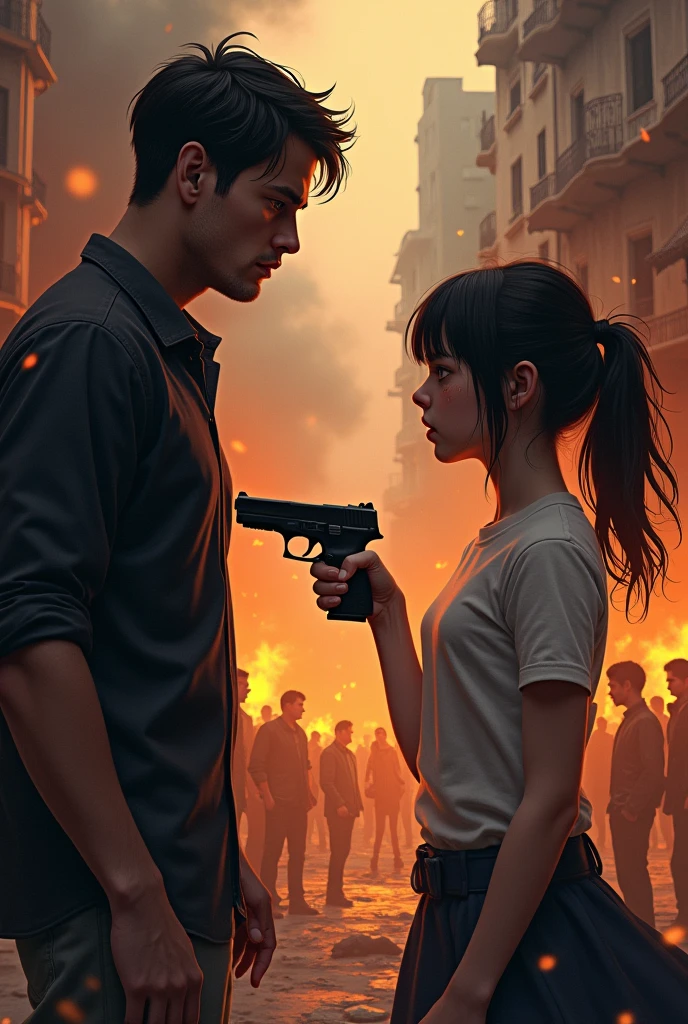 A man standing in front of a crying girl aiming gun at him , in a ...