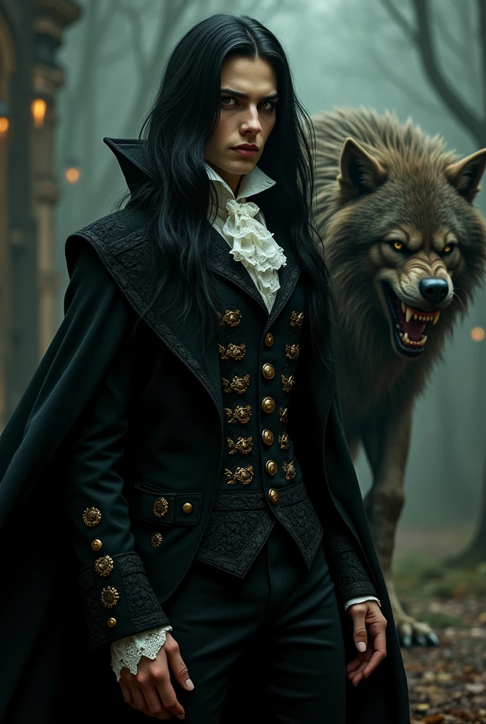 A vampire with long black hair and golden eyes dressed in 19th century ...